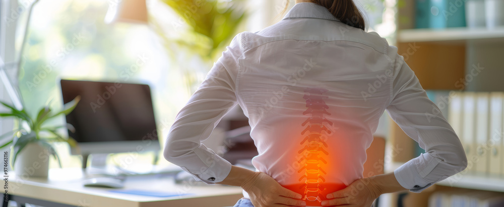 Asia beautiful woman holding her lower back while and suffer from ...