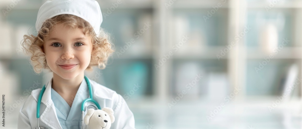 Young aspiring doctor with curly hair, wearing a white coat and cap ...