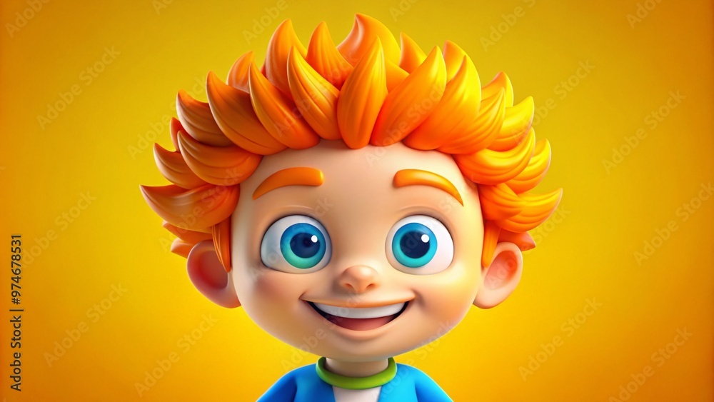 Vibrant cartoon character with short, spiky orange hair, bright blue ...