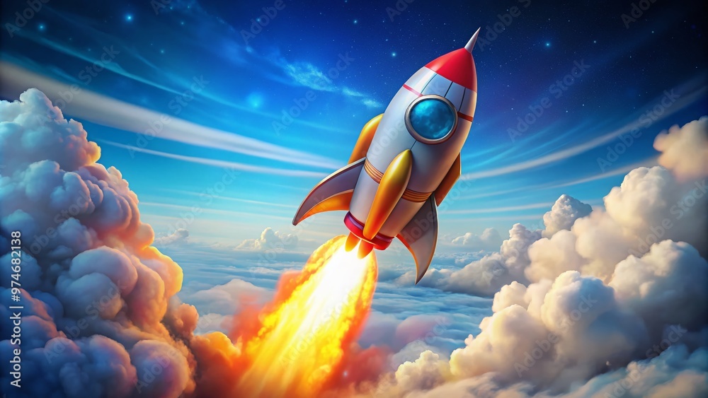 Vibrant, colorful cartoon rocket ship with bold flames and smoke trails ...