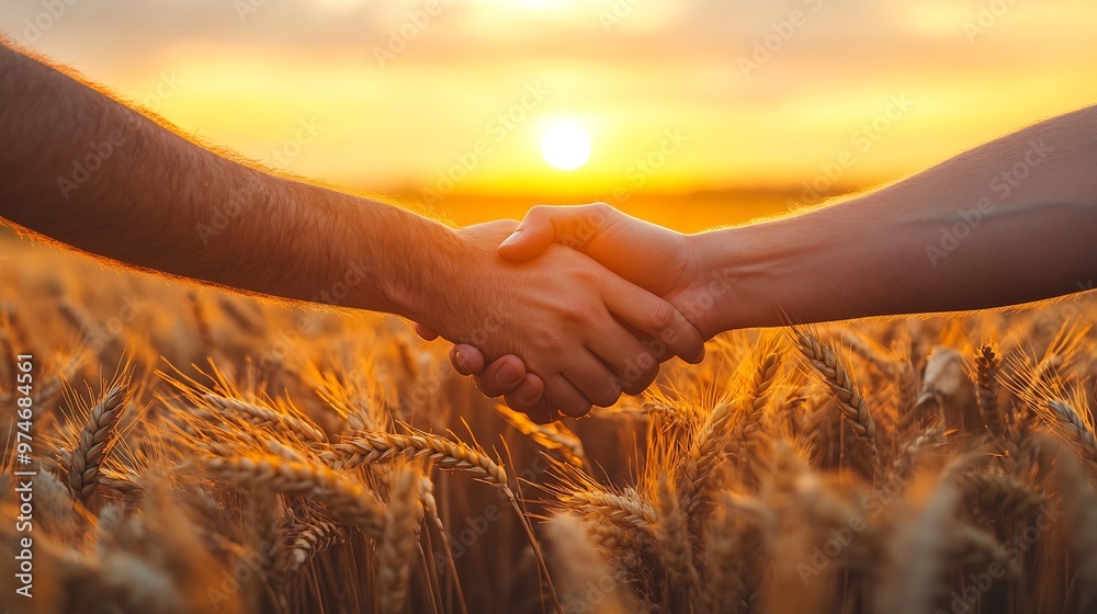 farmers handshake success silhouette in wheat field agriculture ...