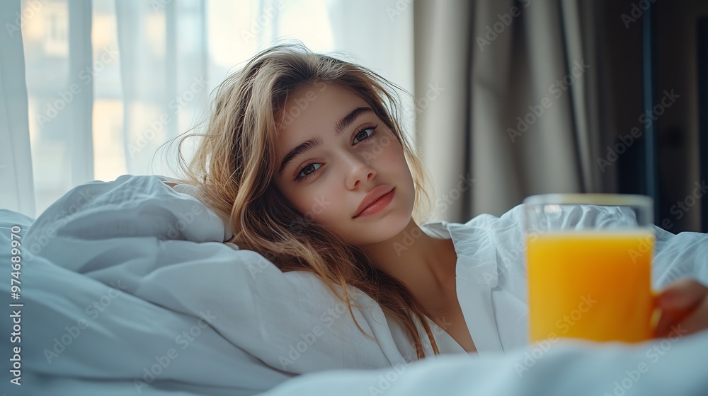 Side view young woman wear white shirt pajama she lying in bed eat ...