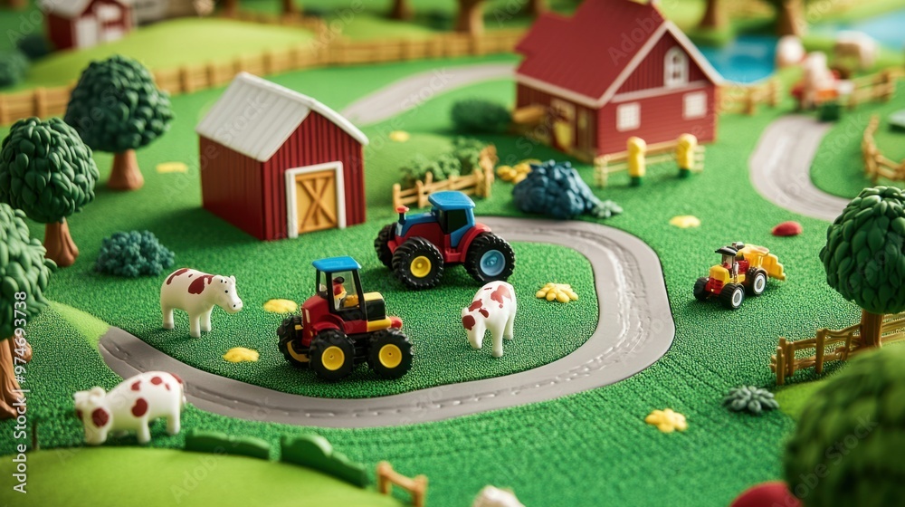 A vibrant 3D farm toy set with animals, barns, and tractors scattered ...