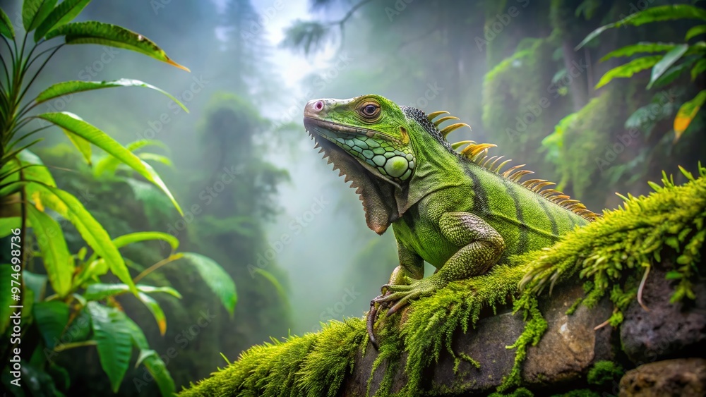 Vibrant green iguana perches on a moss-covered ancient stone wall ...