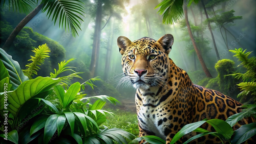Vibrant green rainforest foliage surrounds a majestic jaguar as it ...
