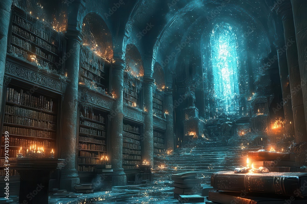 magical library scene with floating books glowing runes and arcane ...