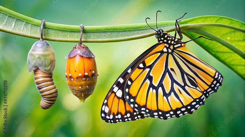 Vibrant monarch butterfly emerges from silky pupa, next to a tiny egg ...