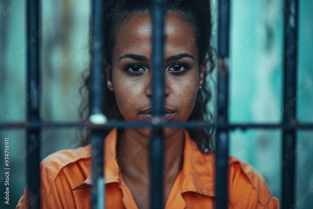 A black female prisoner, dressed in an aged orange uniform, looks ...