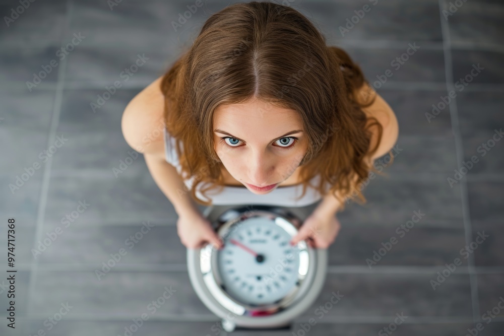 A distressed woman stands on a scale, looking up with an expression of ...