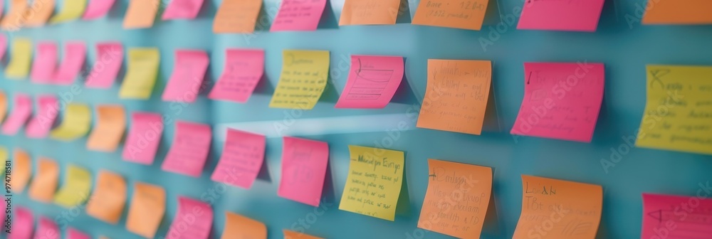 Wall filled with colorful sticky notes for brainstorming and project ...