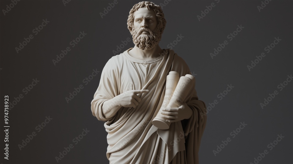 Statue of ancient Greek philosopher wearing toga, holding scrolls, gray ...