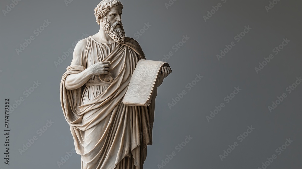 Statue of ancient Greek philosopher wearing toga, holding scrolls, gray ...