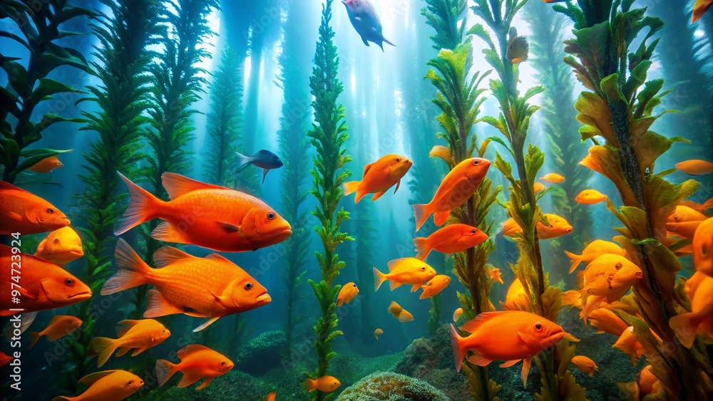 Vibrant orange garibaldi fish swim amidst towering kelp stalks and ...