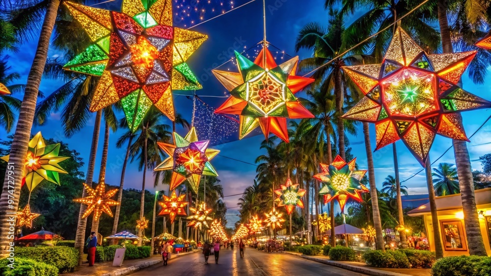Vibrant Parol stars adorn festive streets, lanterns aglow, amidst palm ...