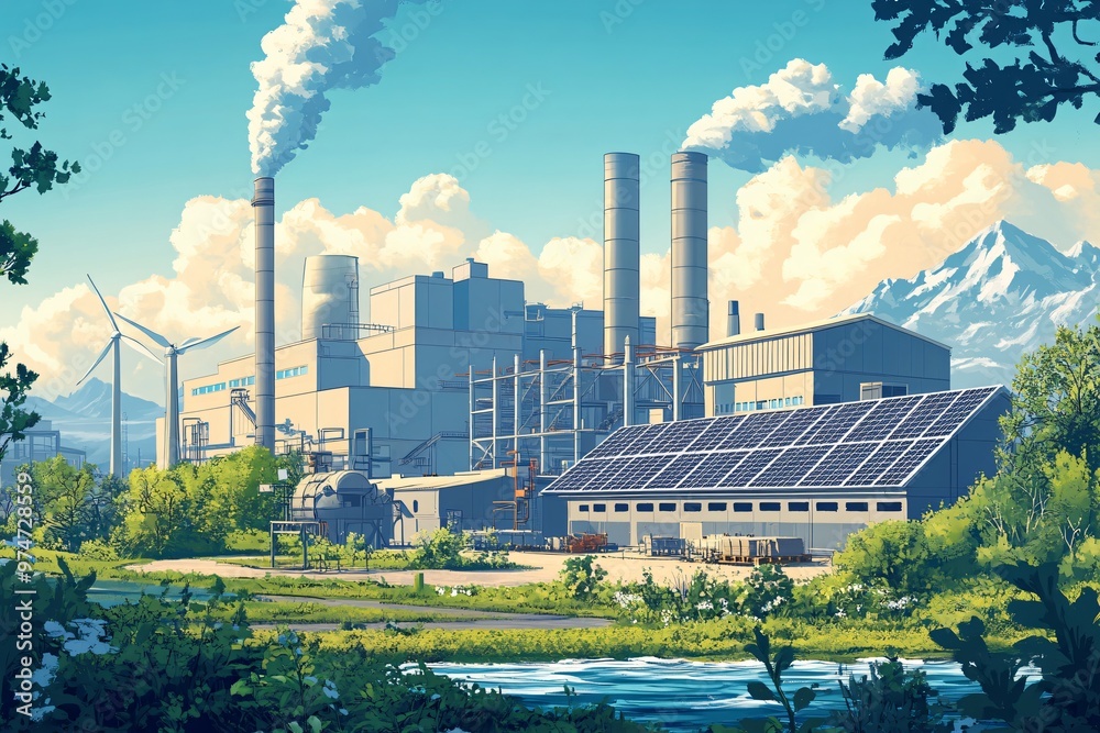 Eco-Friendly Carbon-Neutral Factory Powered by Solar Panels and Wind ...