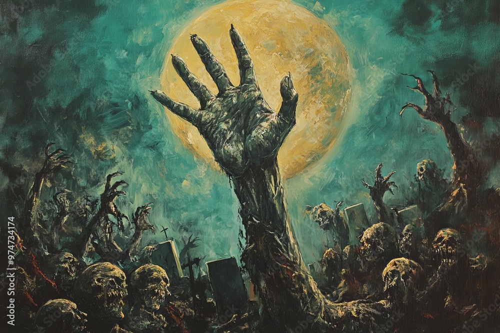 Realistic depiction of a zombie hand emerging from a grave under a full ...