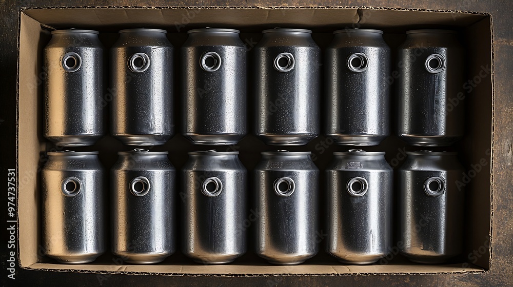 Top down view of a dozen soft dink pop cans in an old cardboard box ...