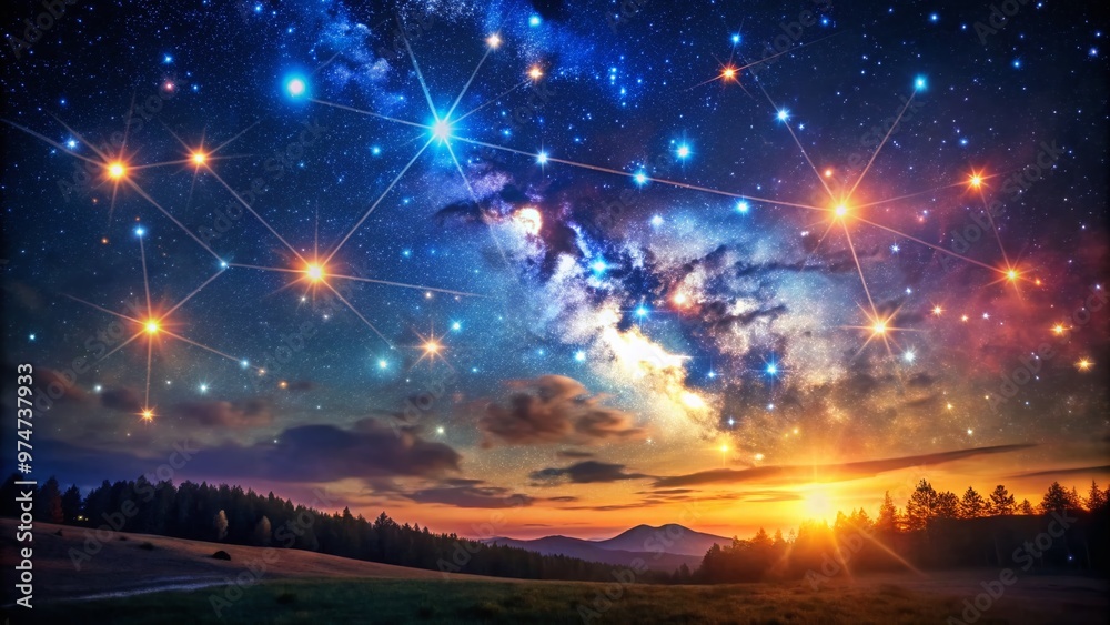 Vibrant starry night sky with major constellations Orion, Cassiopeia ...