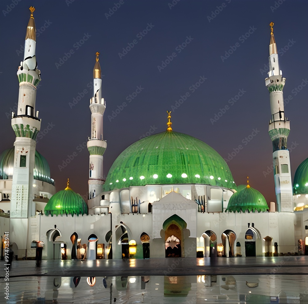 The famous green and silver domes of the Prophet's Mosque. The mosque ...