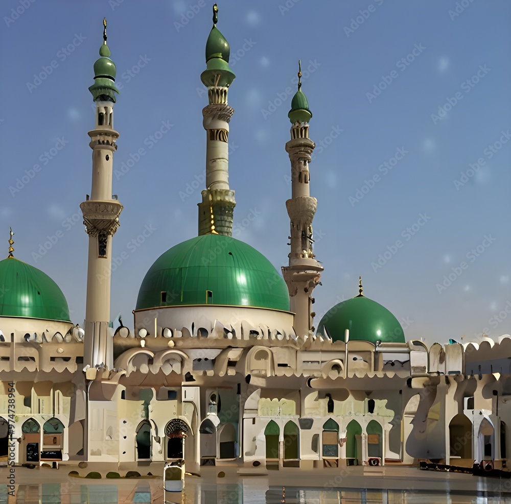 The famous green and silver domes of the Prophet's Mosque. The mosque ...