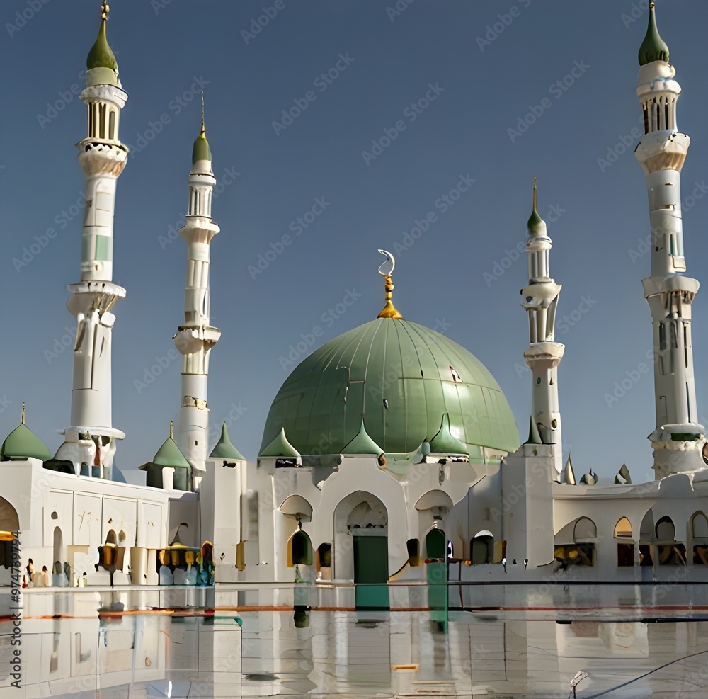 The famous green and silver domes of the Prophet's Mosque. The mosque ...