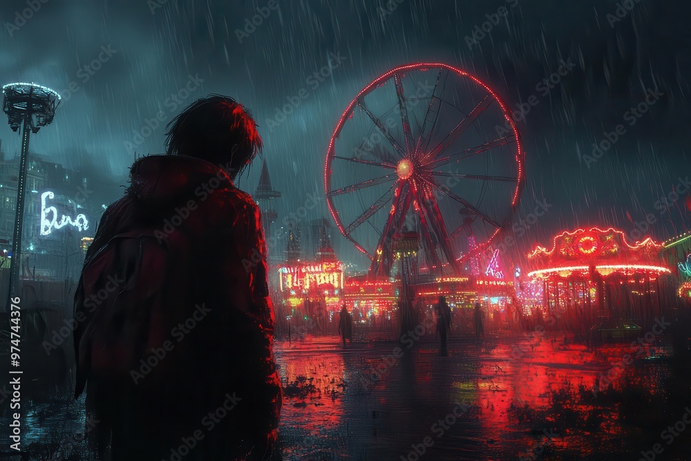 nightmarish circus scene with menacing clown eerie carnival rides in ...