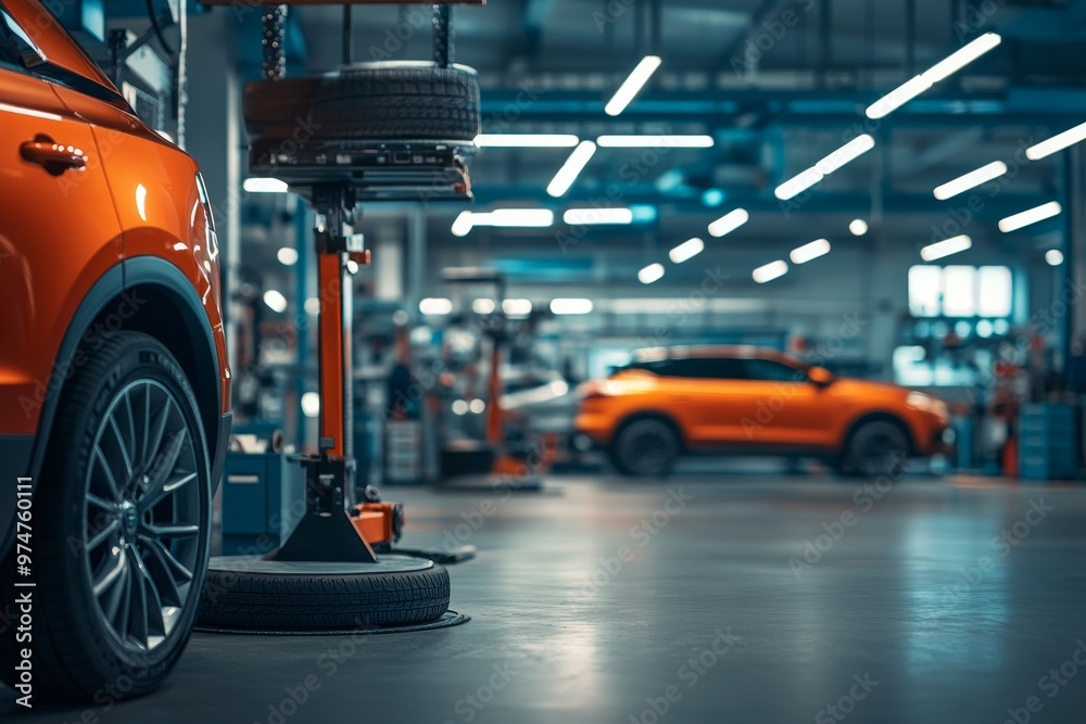 Vibrant modern car workshop featuring orange suv and lifting stands in ...