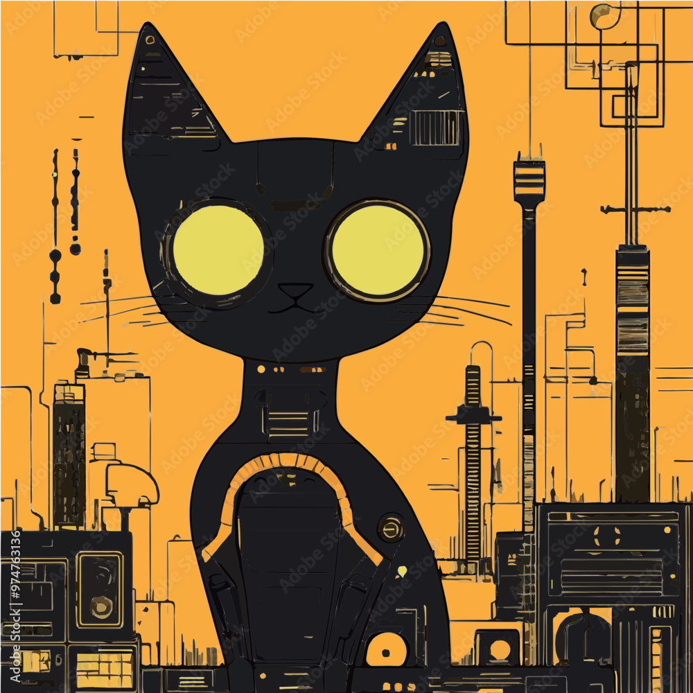Futuristic cat cartoon vector with big eyes, wearing tech gear in a sci ...