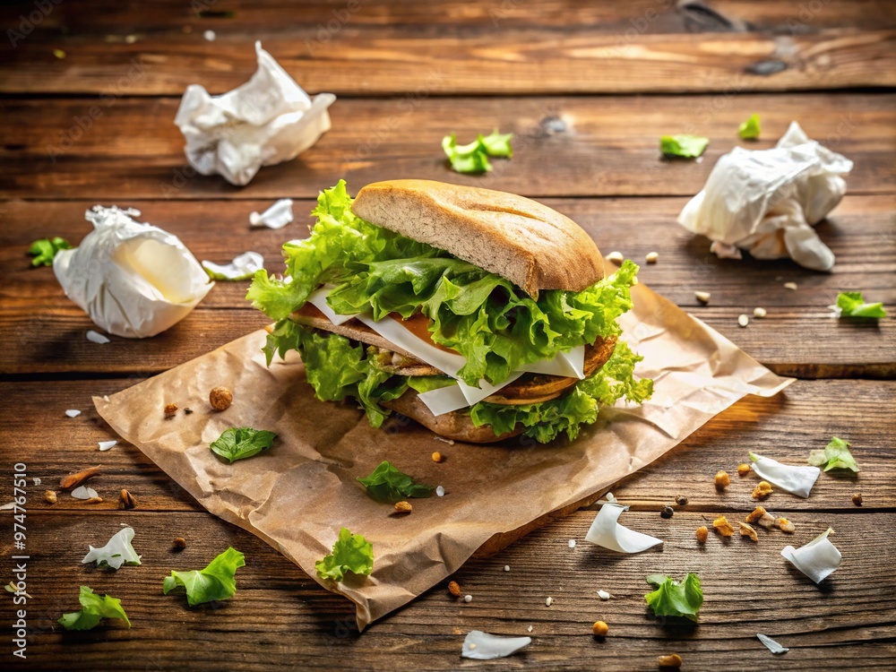 A forgotten sandwich lies abandoned on a worn wooden floor, crumpled ...
