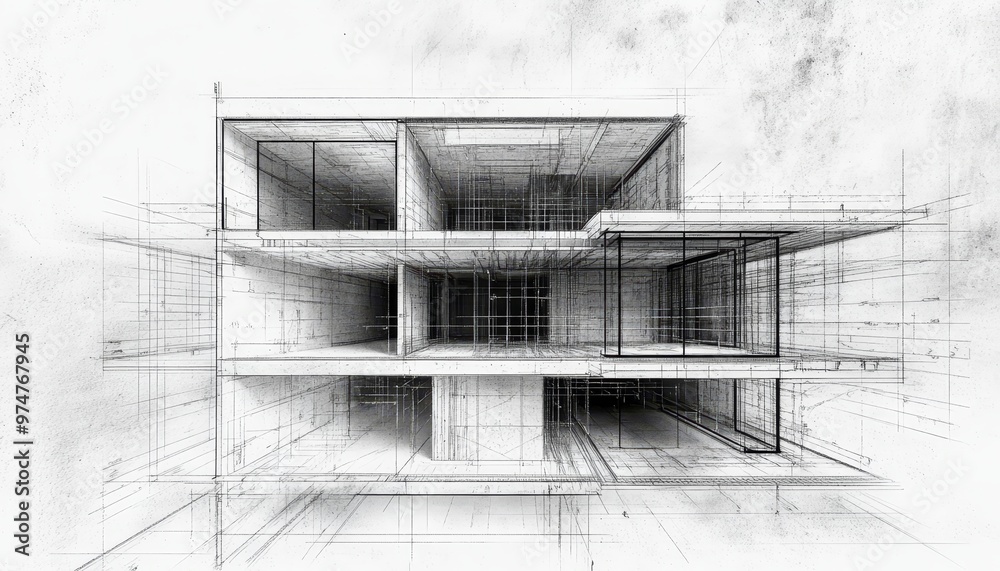 Construction drawings depicting the framework and structure of a house ...