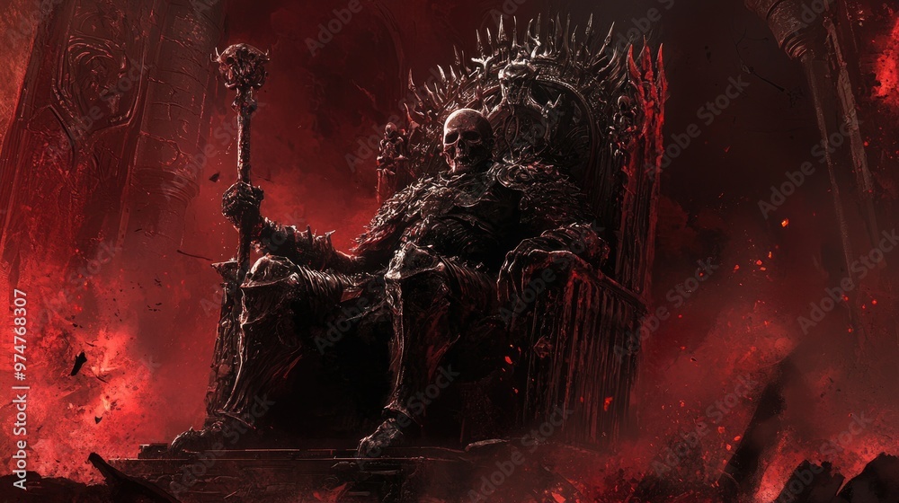 Skeleton king sitting on throne holding a mace in fiery underworld ...