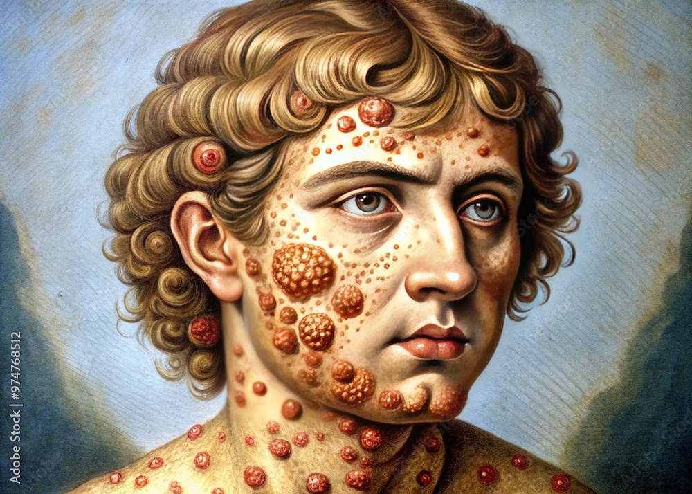 A historic illustration of the variola virus, depicting a person's skin ...