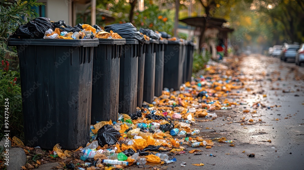 Overflowing trash bins with black bags and recycling containers filled ...