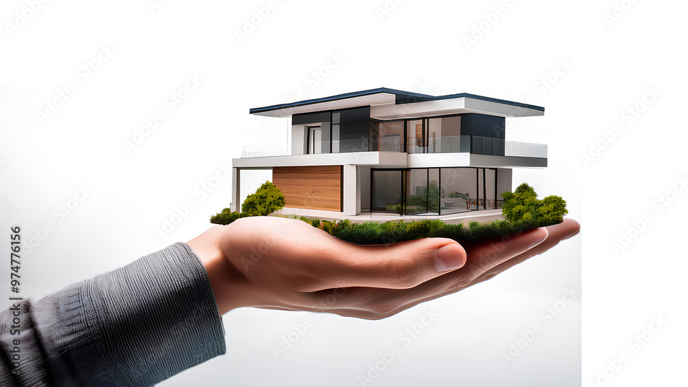 Real estate architectural project, building model in architect's hand ...