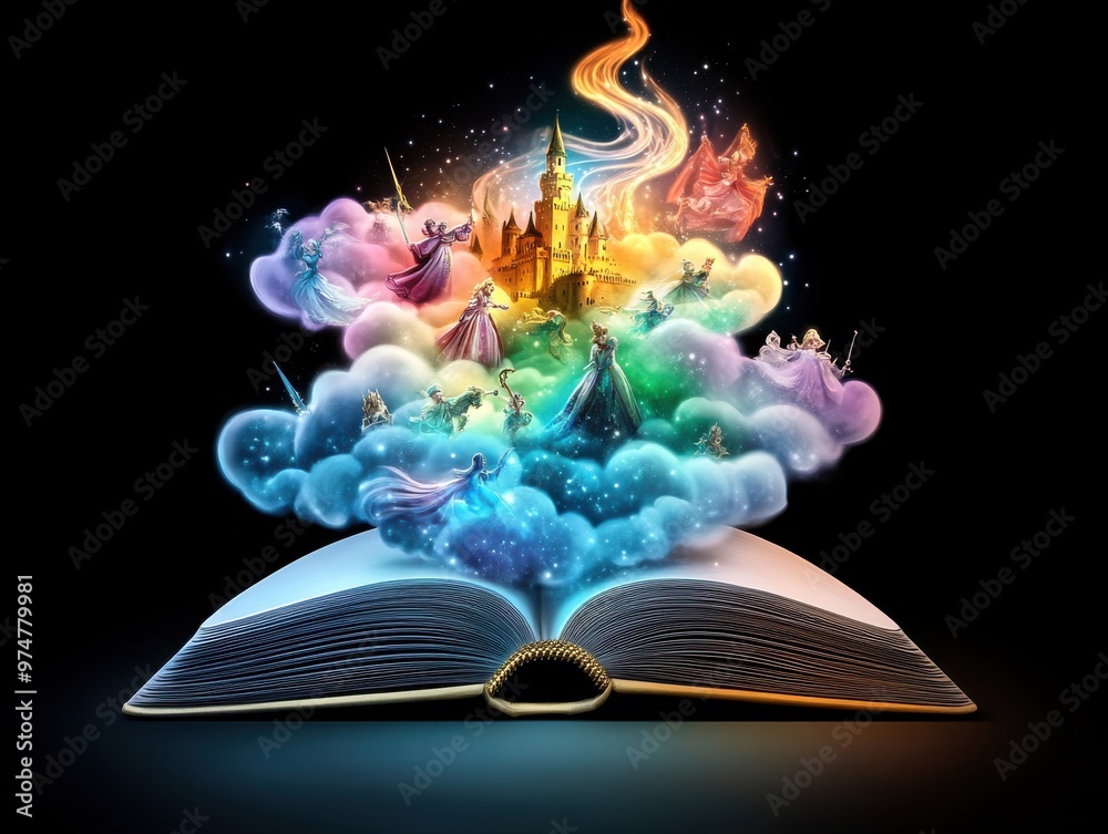 A magical book opens to reveal a colorful fantasy world filled with ...