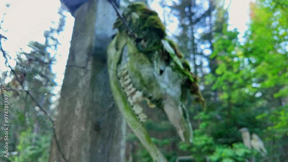 Skull of wild animal in the spooky unchartered moody forest. Animal ...