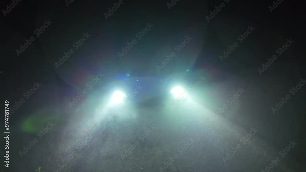 Car led lights revealing heavy fog smoke in the middle of pitch dark ...
