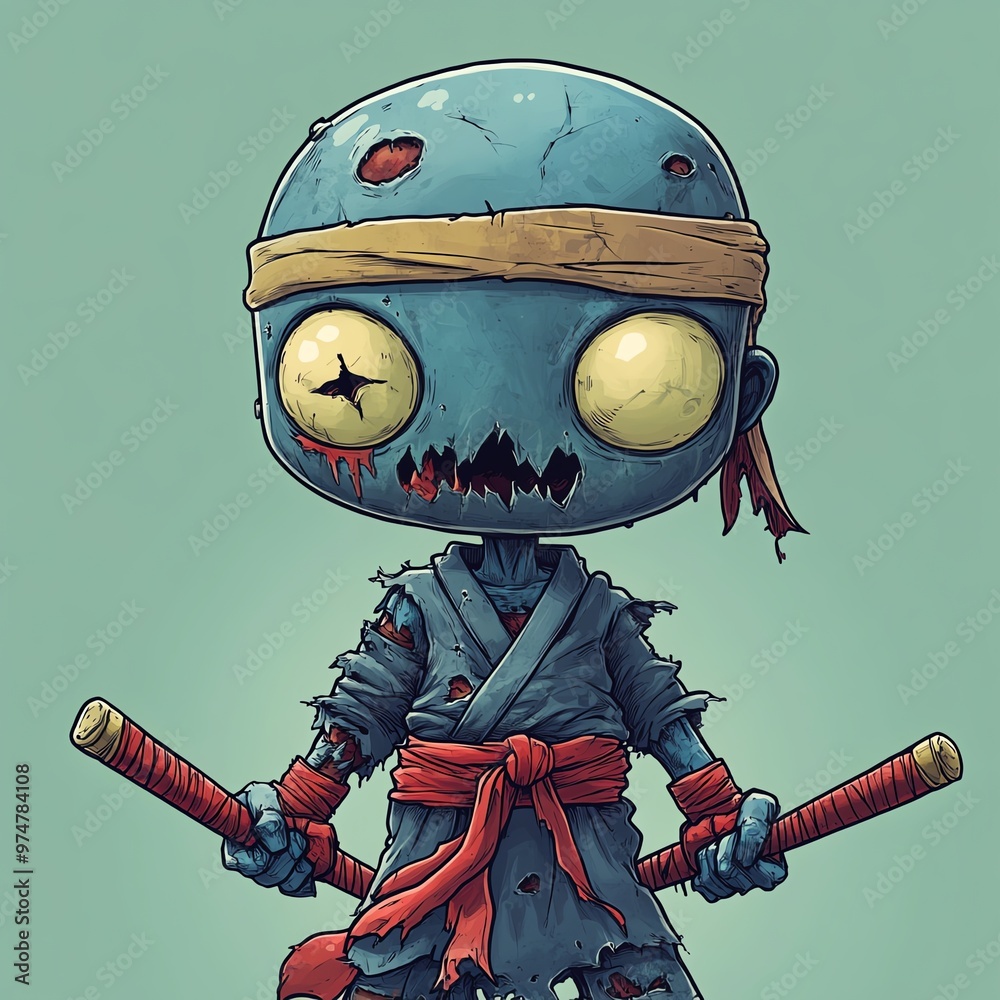 Cartoon zombie ninja with a tattered outfit, holding nunchucks ...