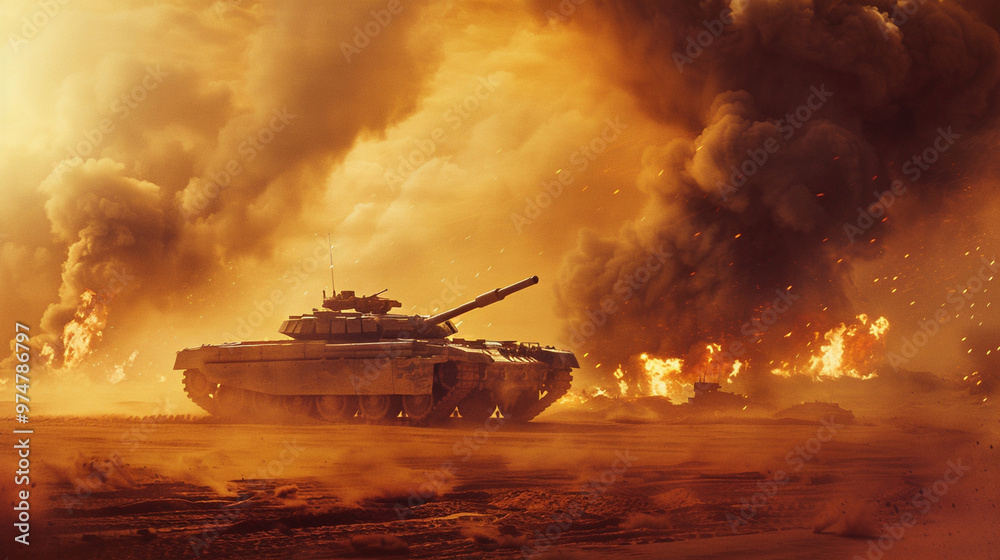 Armored tank crosses a mine field during war invasion epic scene of ...