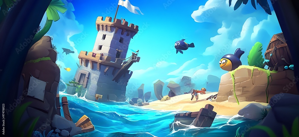 cartoon illustration of a castle on a beach with a fish flying over it ...