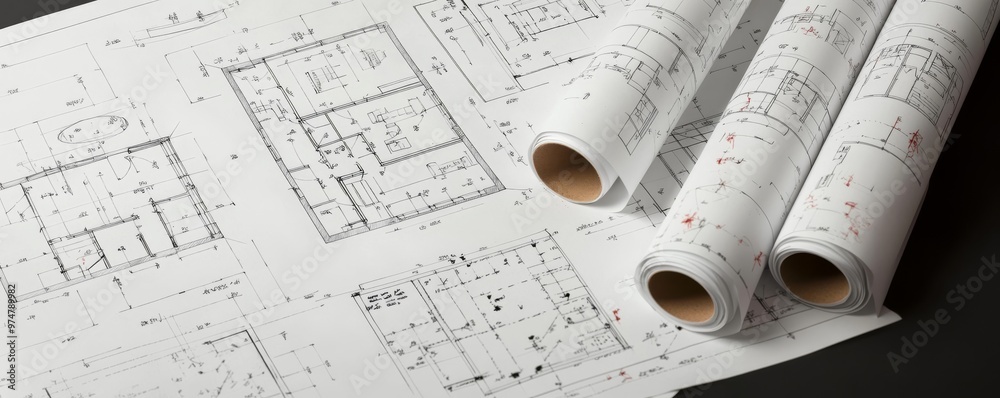 Detailed architectural plans and blueprints rolled on a desk ...