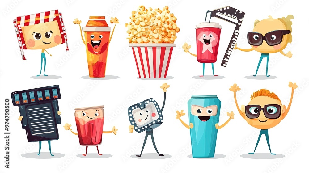 Cinema groovy cartoon characters. Comic retro vector set of movie ...