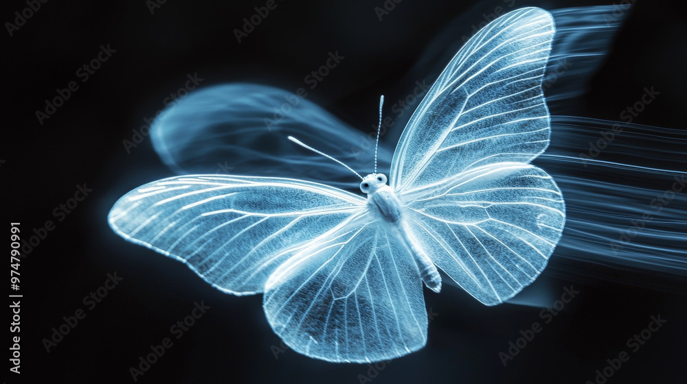 Transparent butterfly in motion, with a soft blur effect and light ...