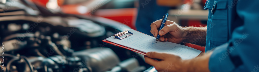 Car check in a garage by a man with a checklist, safe driving concept ...
