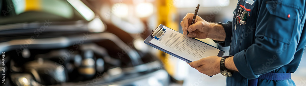 Car check in a garage by a man with a checklist, safe driving concept ...