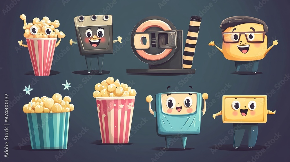 Cinema groovy cartoon characters. Comic retro vector set of movie ...