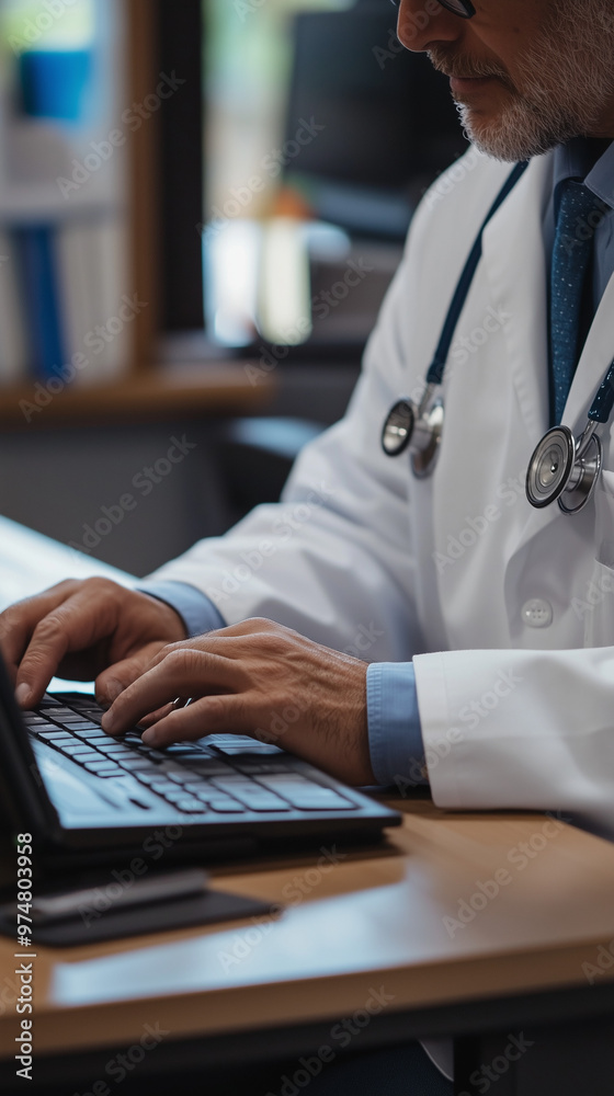 Doctor in front of a PC types on the keyboard, health concept, created ...