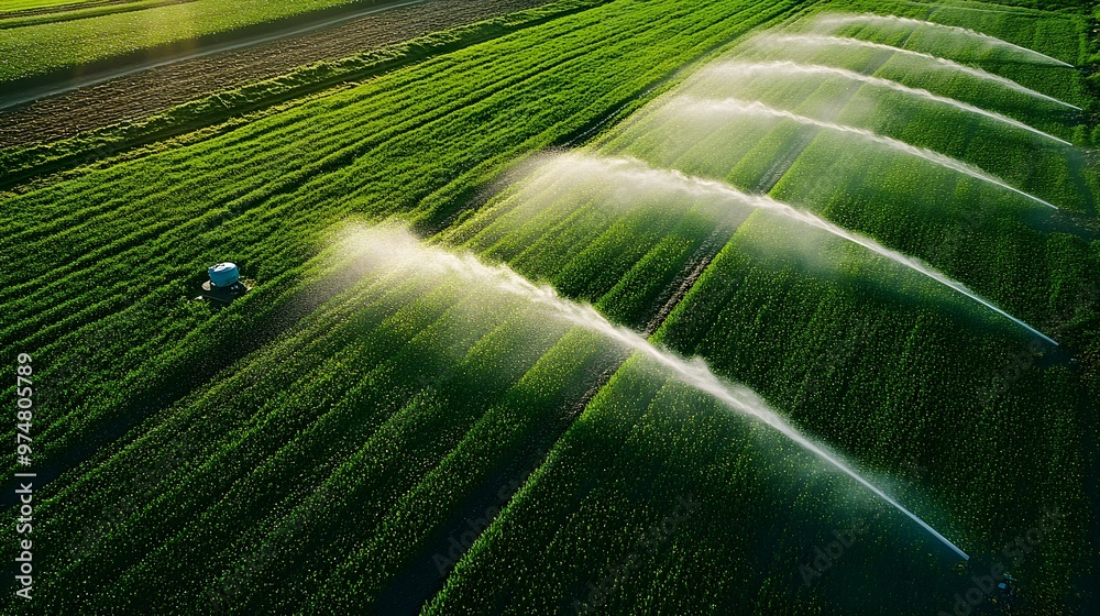 Aerial view of a vibrant green agricultural field being irrigated, with ...