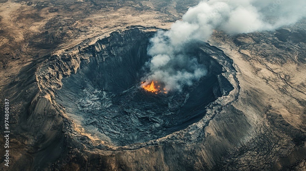 Overhead shot of a volcanic crater with smoke rising, surrounded by ...