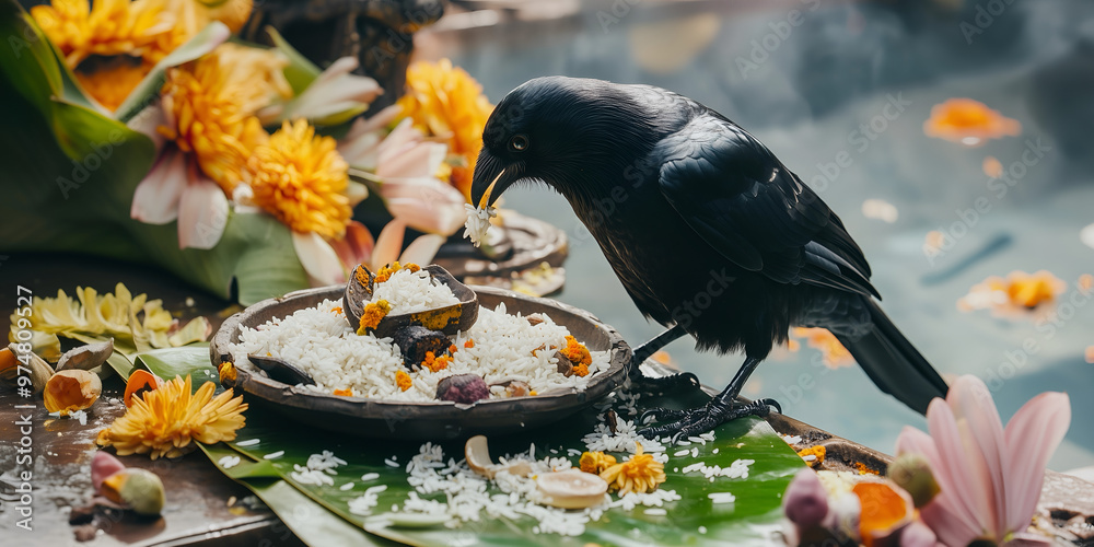 A crow eats rice offerings during the Pitru Paksha ritual, representing ...